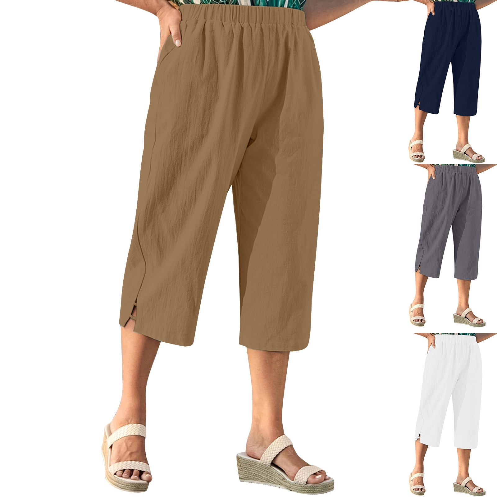 ZHUGeLI Wide Leg Pants Woman Capri Pants for Women Pocket Bottom Slit ...