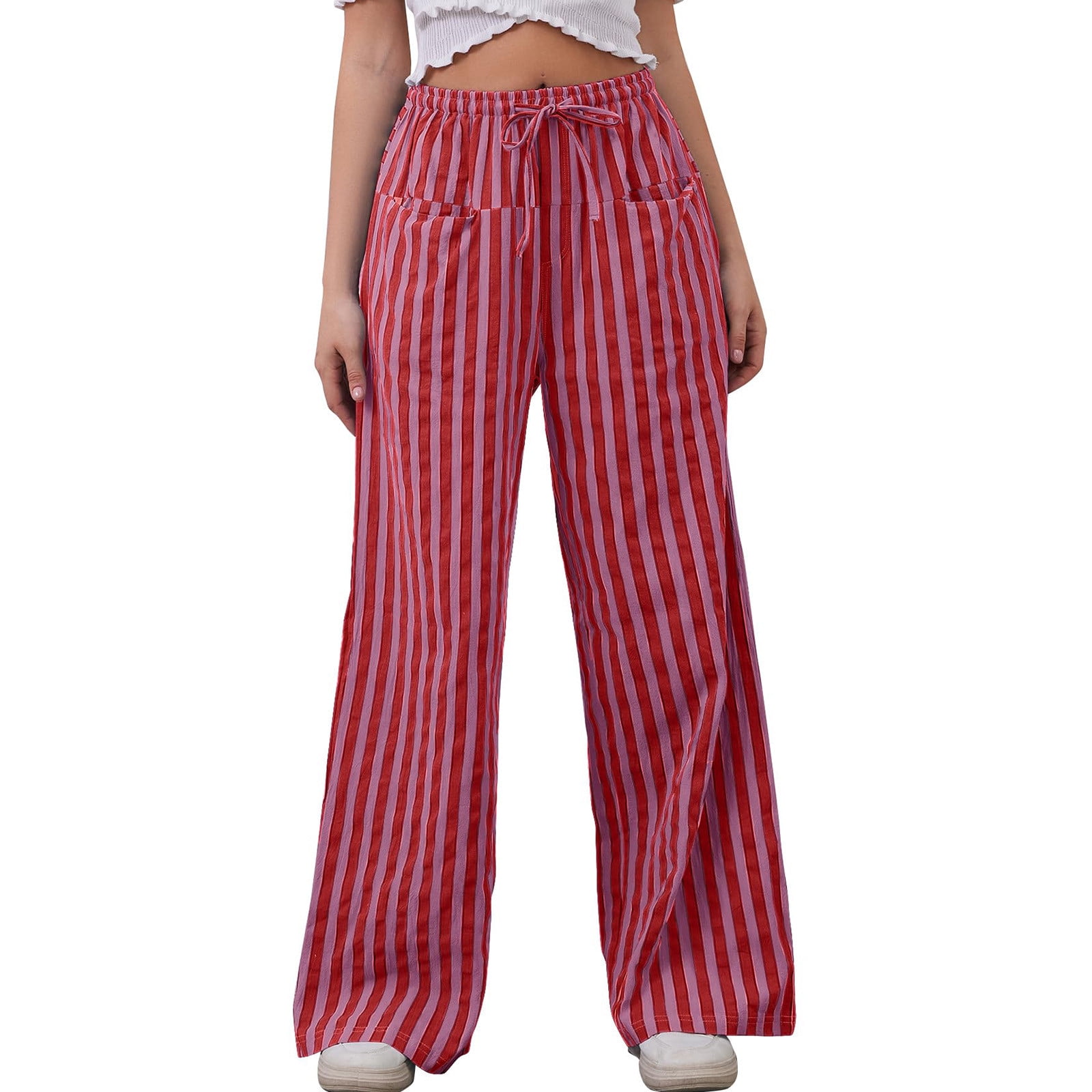 ZHUGeLI Women Drawstring Striped Pants Loose Wide Leg Trousers Casual ...