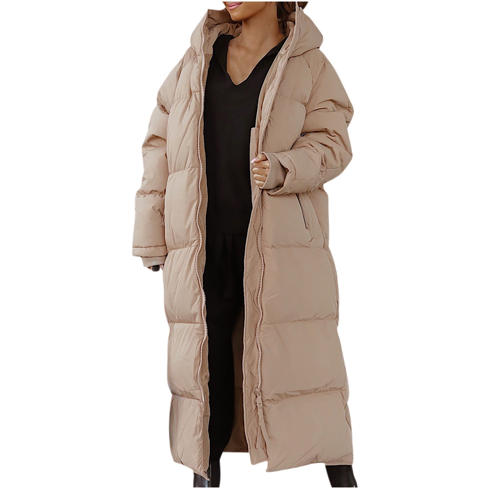 ZHUGeLI Women Long Quilted Coat Hooded Maxi Length Long Sleeve Puffer ...