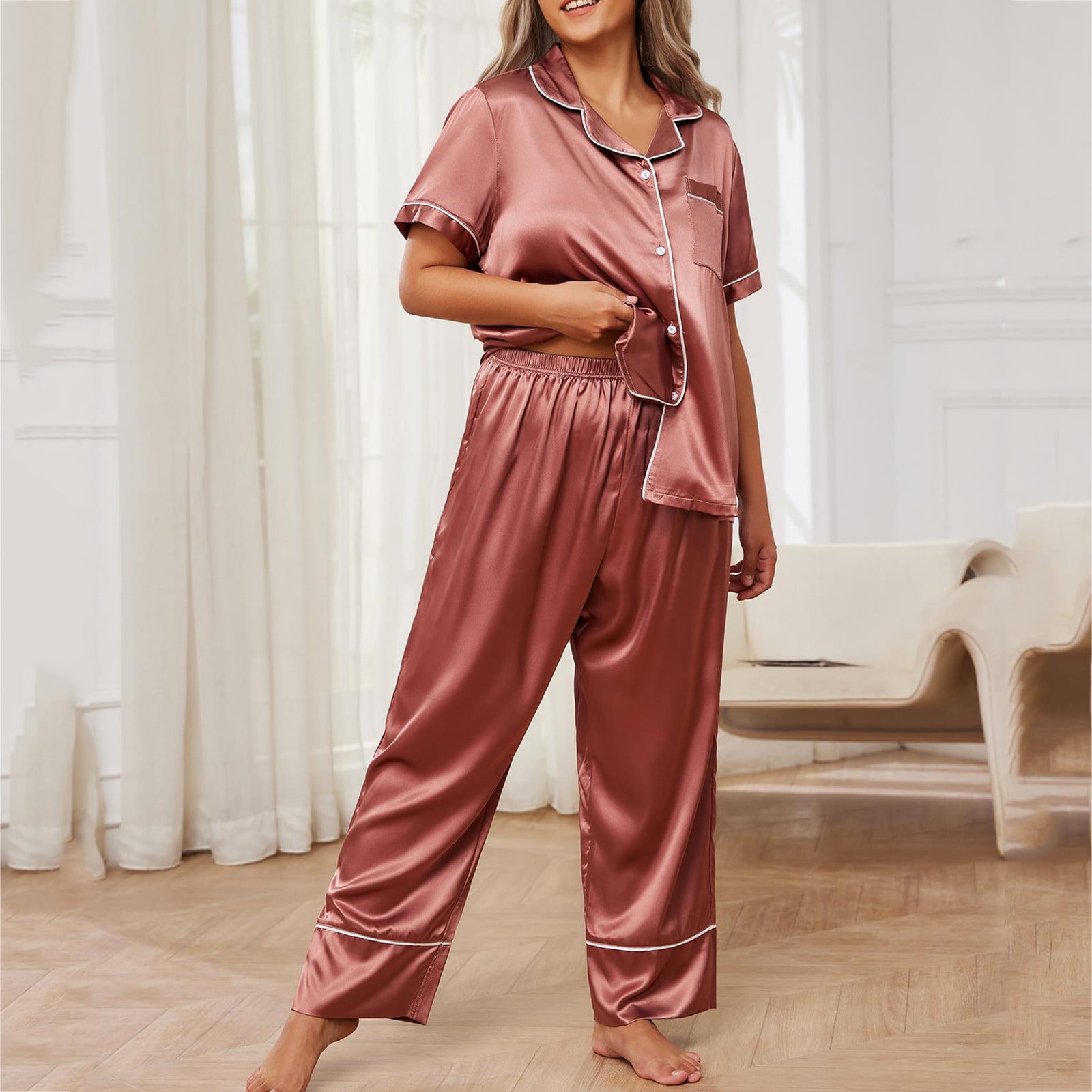 ZHUGeLI Women Silk Pajamas Set Long Sleeve Ladies Satin PJ Sets Button ...