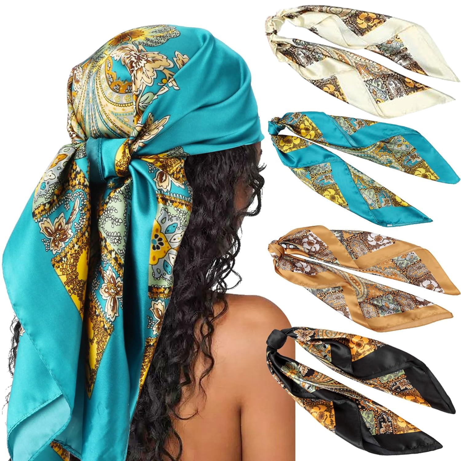 ZHUYING 35” Satin Large Square Head Scarves, 4PCS Silk Like Neck Scarf ...