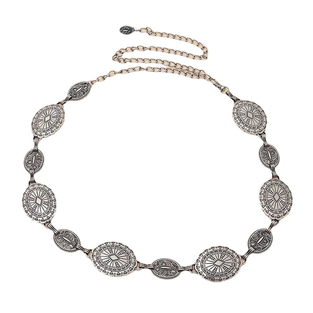 ZHXXCUM Women Western Concho Chain Belt Silver Metal Oval Waist Chain ...