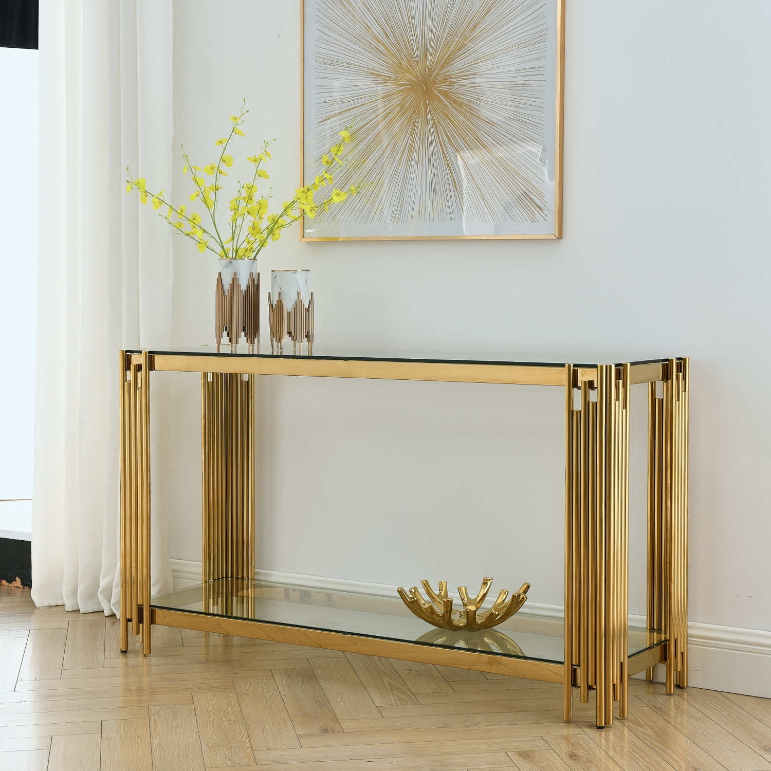 ZHYNGTNG Modern Glass Console Table 55” Gold Sofa Table with Sturdy ...