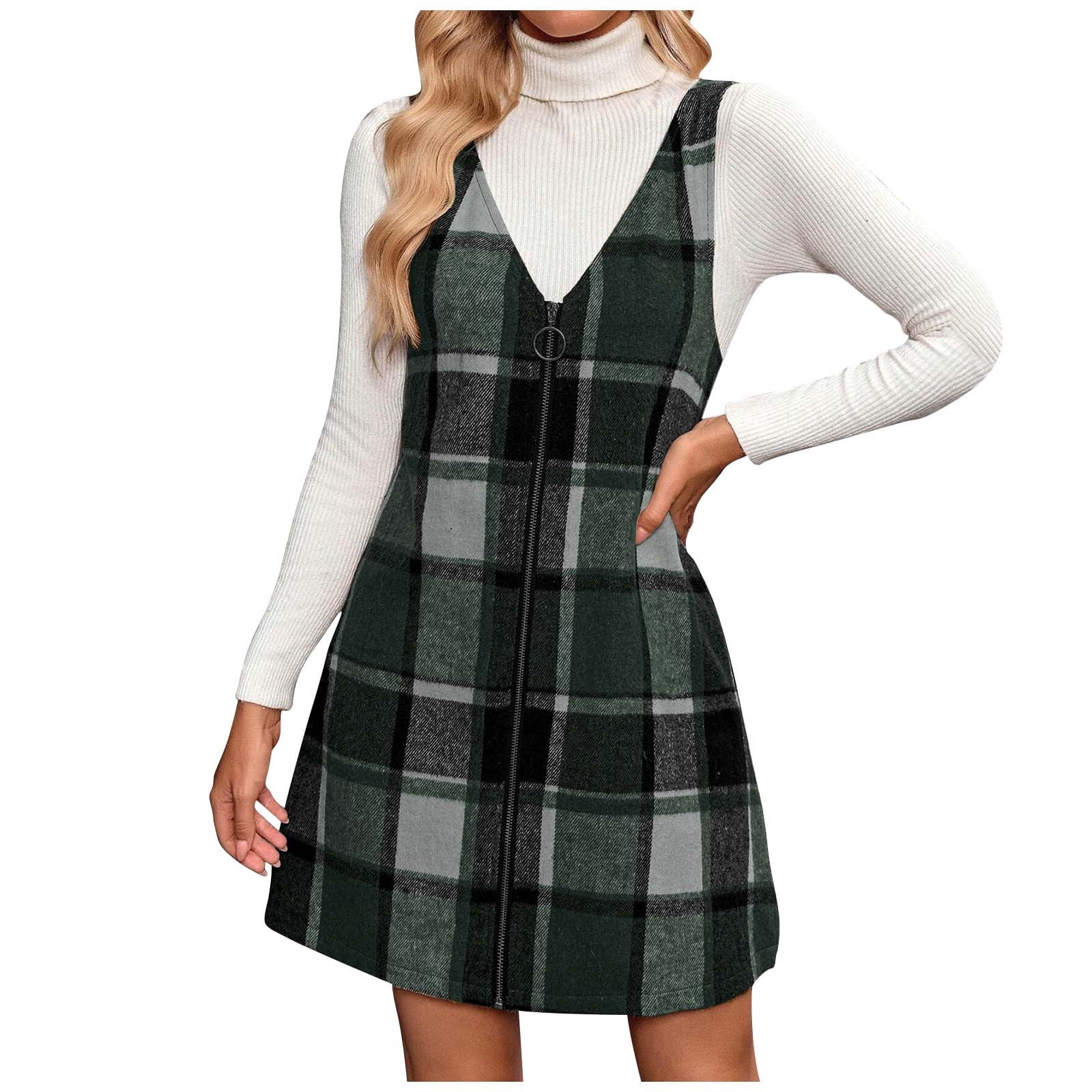 ZHYou Women Plaid Pinafore Dresses, Zip Front, V Neck, Sleeveless, Wool ...
