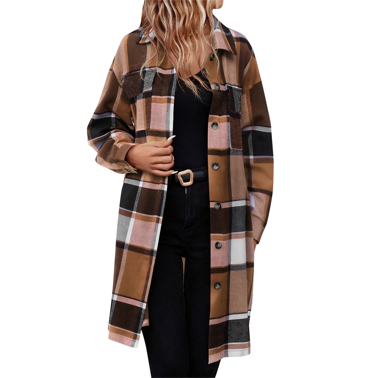 ZHYou Women Plaid Wool Blend Trench Coat,Checkered Flannel Overcoat ...