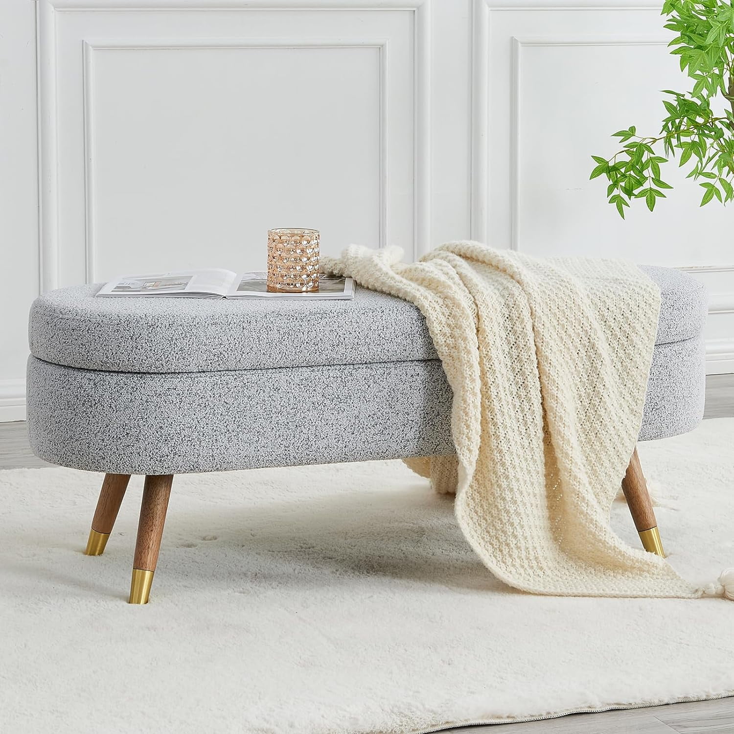 43" Storage Ottoman Bench Boucle Upholstered Entryway Bench with Wood ...