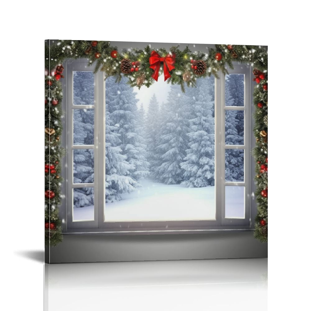 ZHZY Christmas Wreath Snow Scene Canvas Print for Bedroom Living Room ...