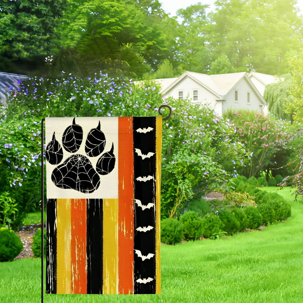 ZHZY Halloween Spooky Dog Paw Garden Flag Double Sided Burlap Paw Print Bat Rustic Farmhouse ...