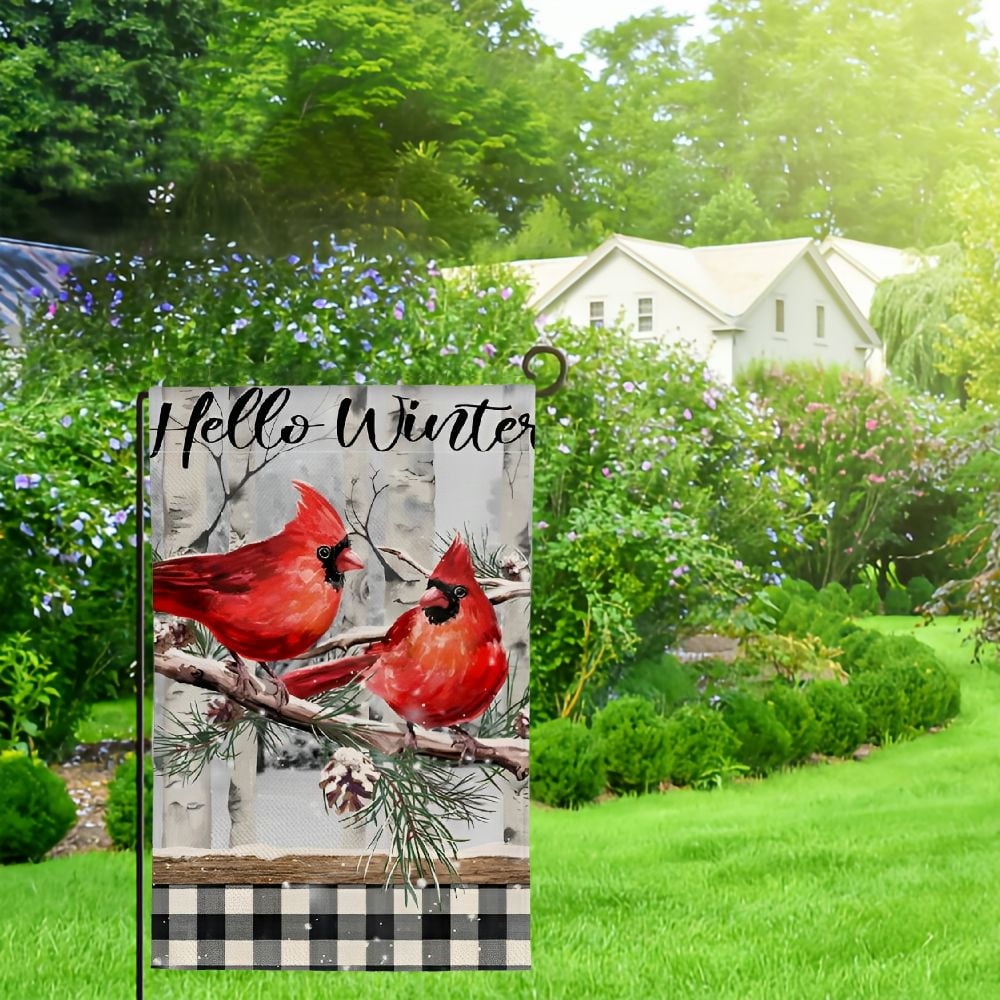 ZHZY Home Decorative Hello Winter Cardinal Garden Flag Black White ...