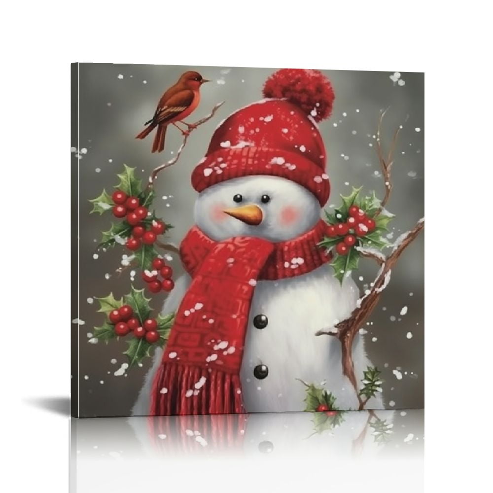ZHZY Snowman Holly Branch Cardinal Canvas Picture Artwork for Home Decor, Beautiful Wall Art for ...