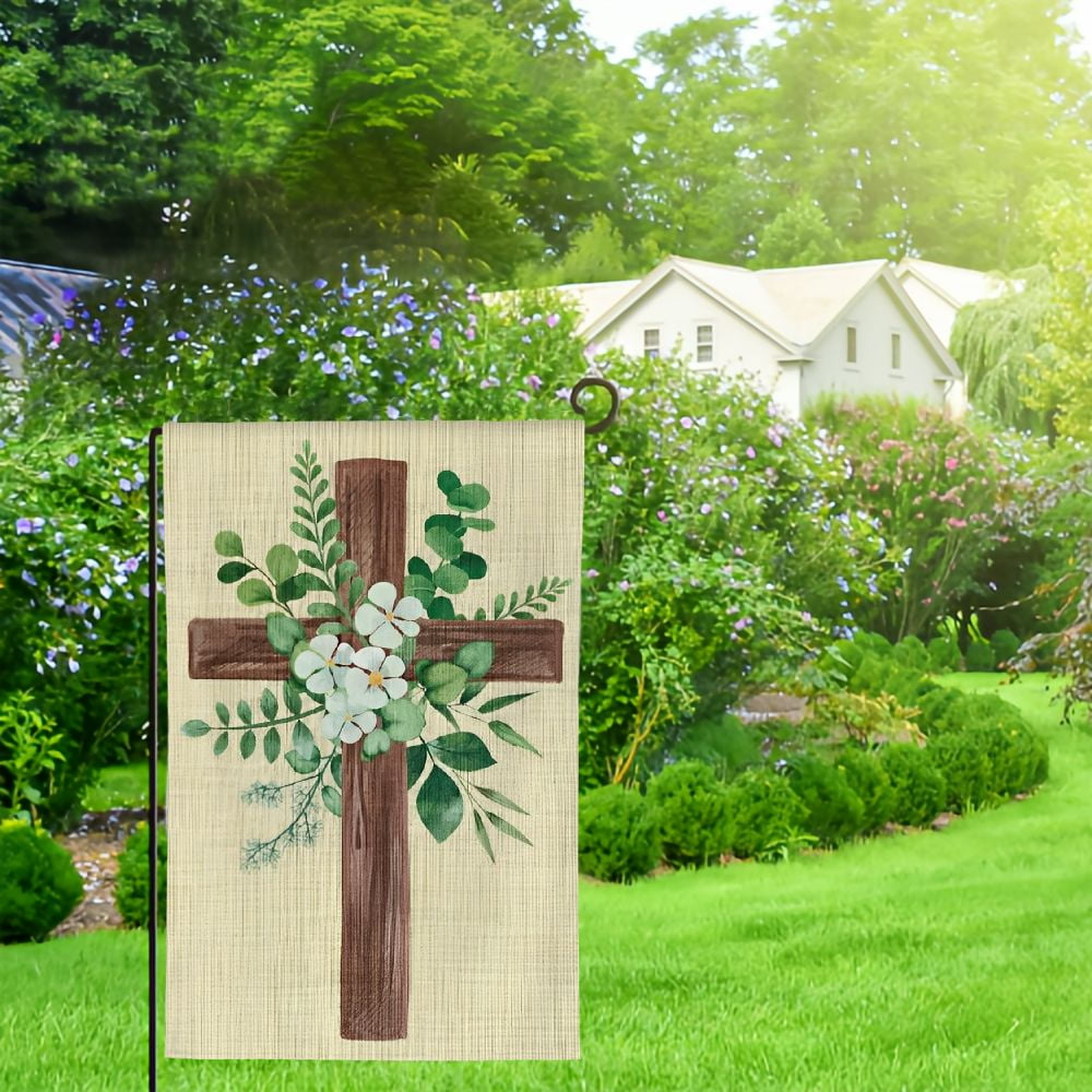 ZHZY Spring Summer Eucalyptus Christian Cross Linen Garden Flag ...