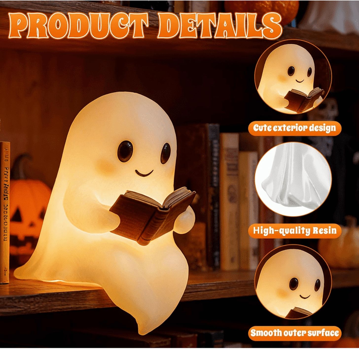ZHaoHaoSY Cute Ghost Reading Book Lamp - 6 Inch Halloween Night Light ...