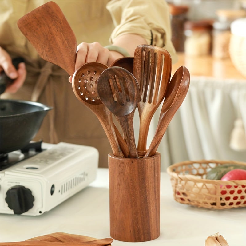 ZHaobin 8-Piece Natural Teak Wooden Kitchen Utensil Set with Spoon Rest ...