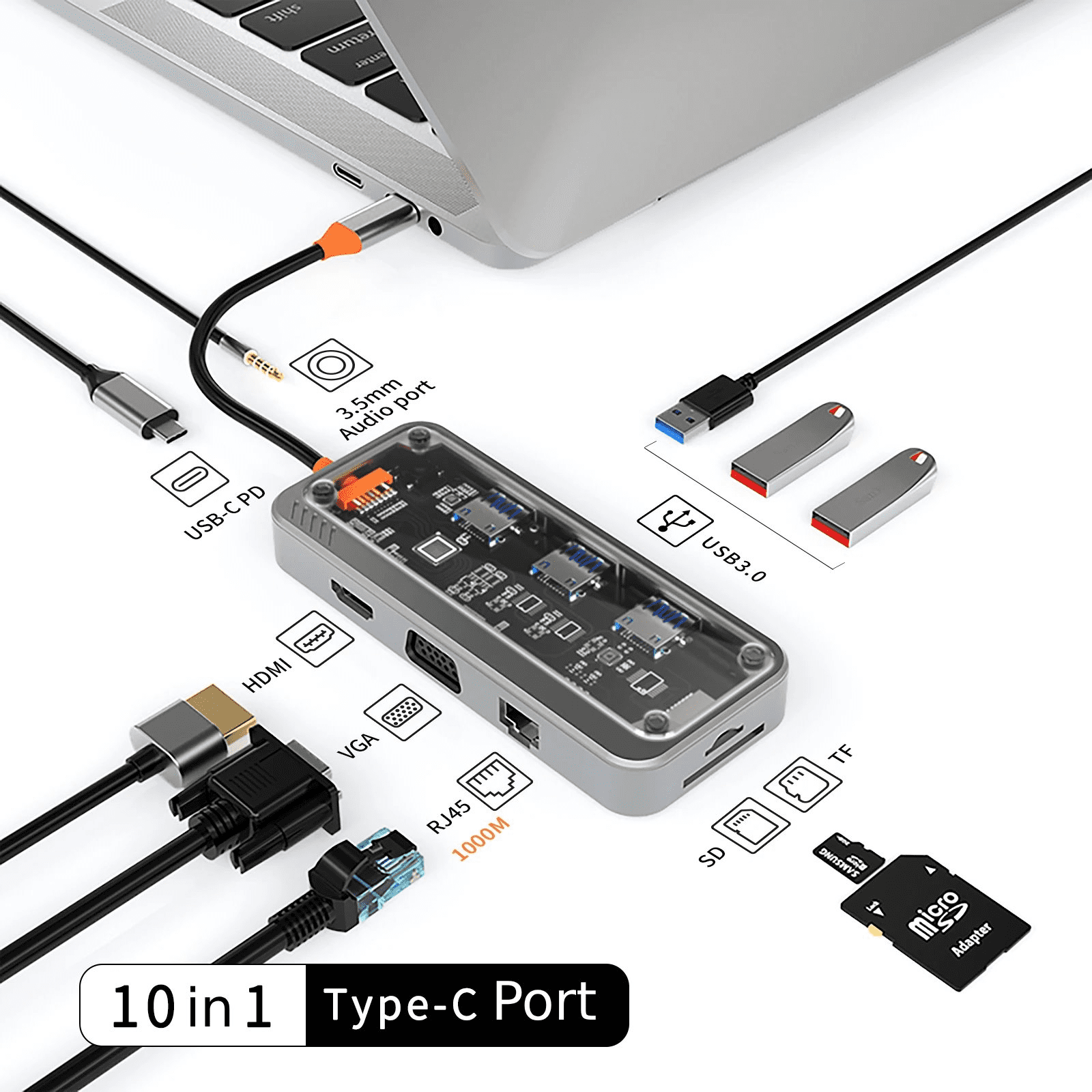ZHaobin USB C hub 10 in 1 docking station Type-C to PD HD-MI USB3.0*3 SD TF ethernet RJ45 1000M ...