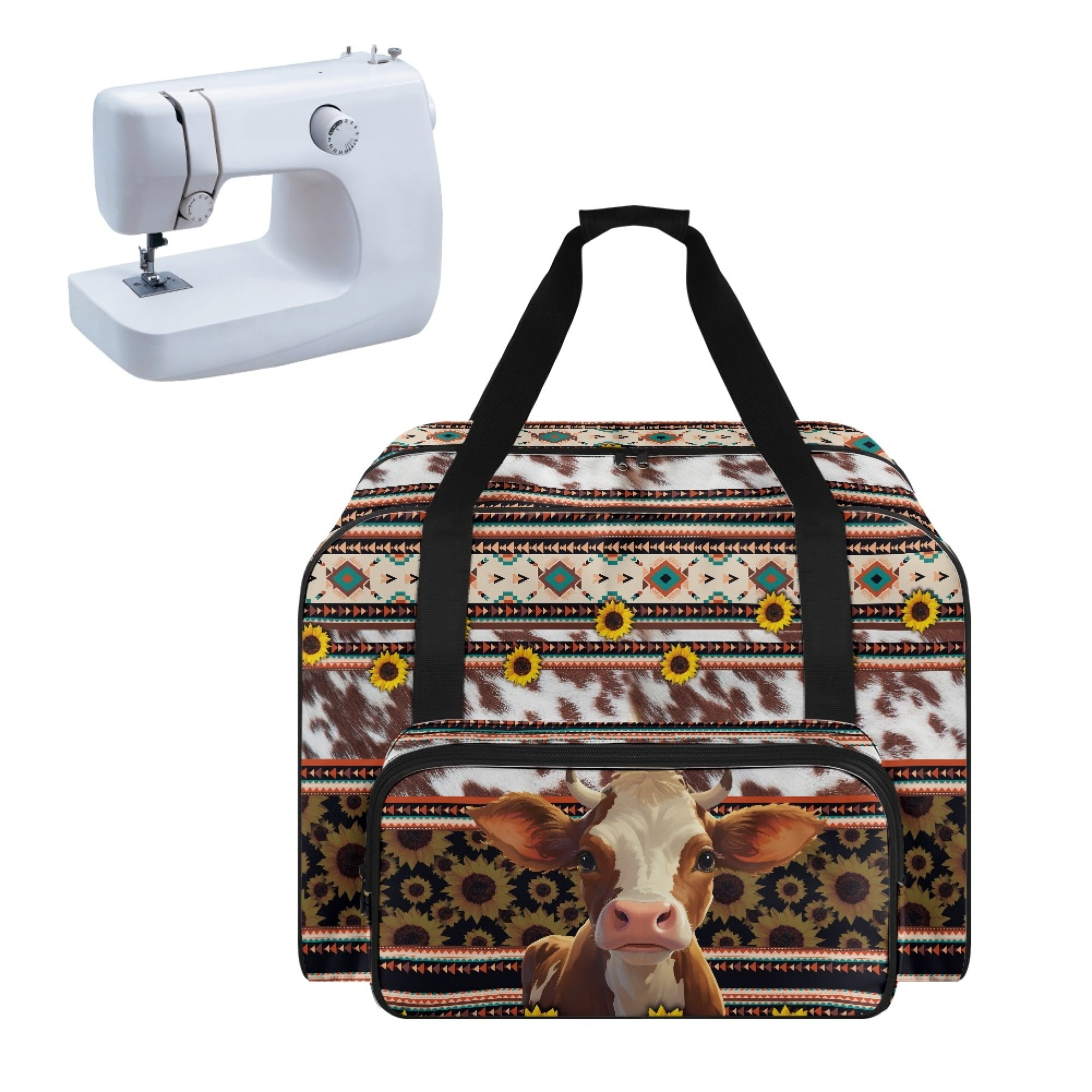 ZIATUBLE Aztec Ethnic Sewing Machine Tote Bag Sunflower Cow Traveling ...