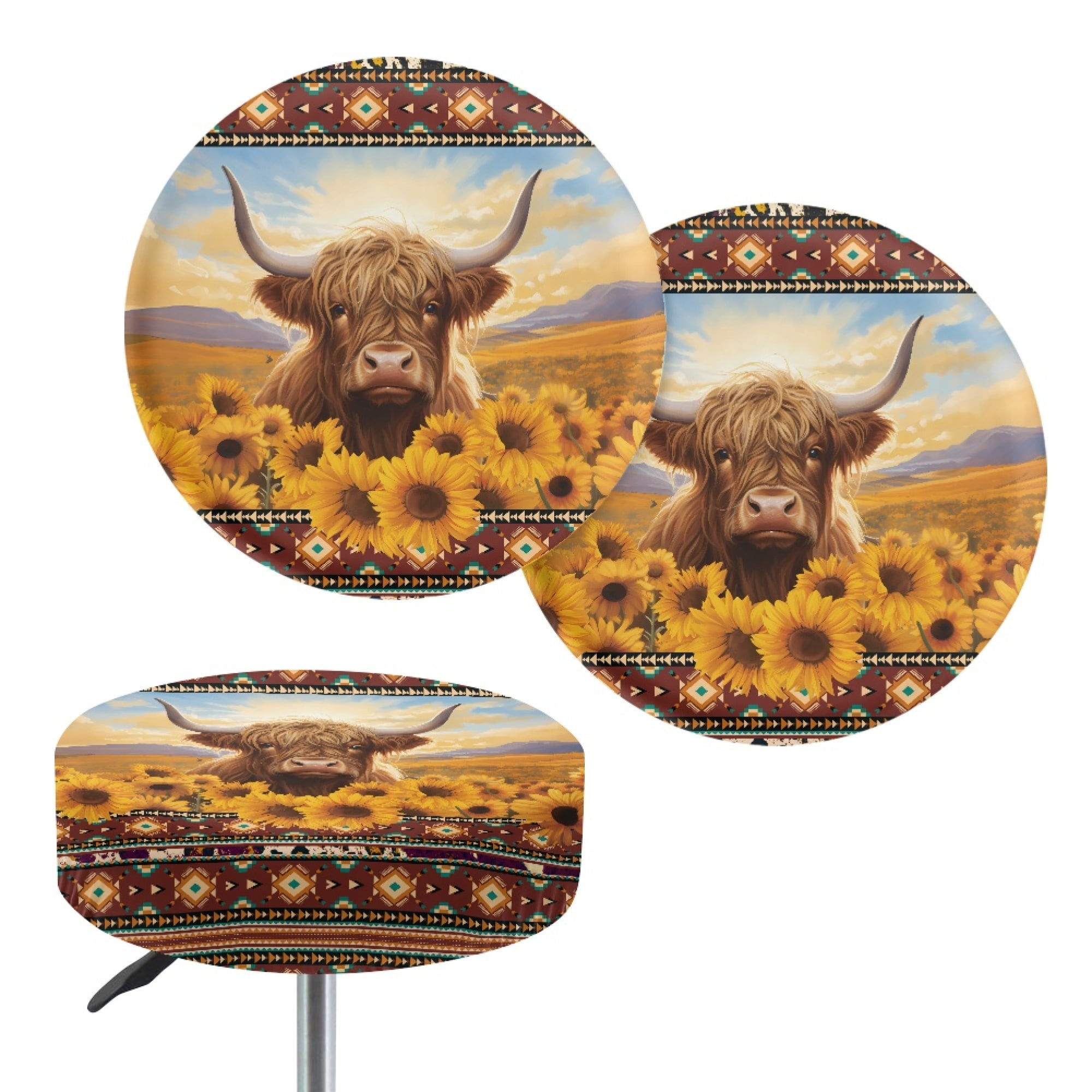 ZIATUBLE Highland Cow Circle Chair Seat Covers Aztec Tribal Sunflower ...
