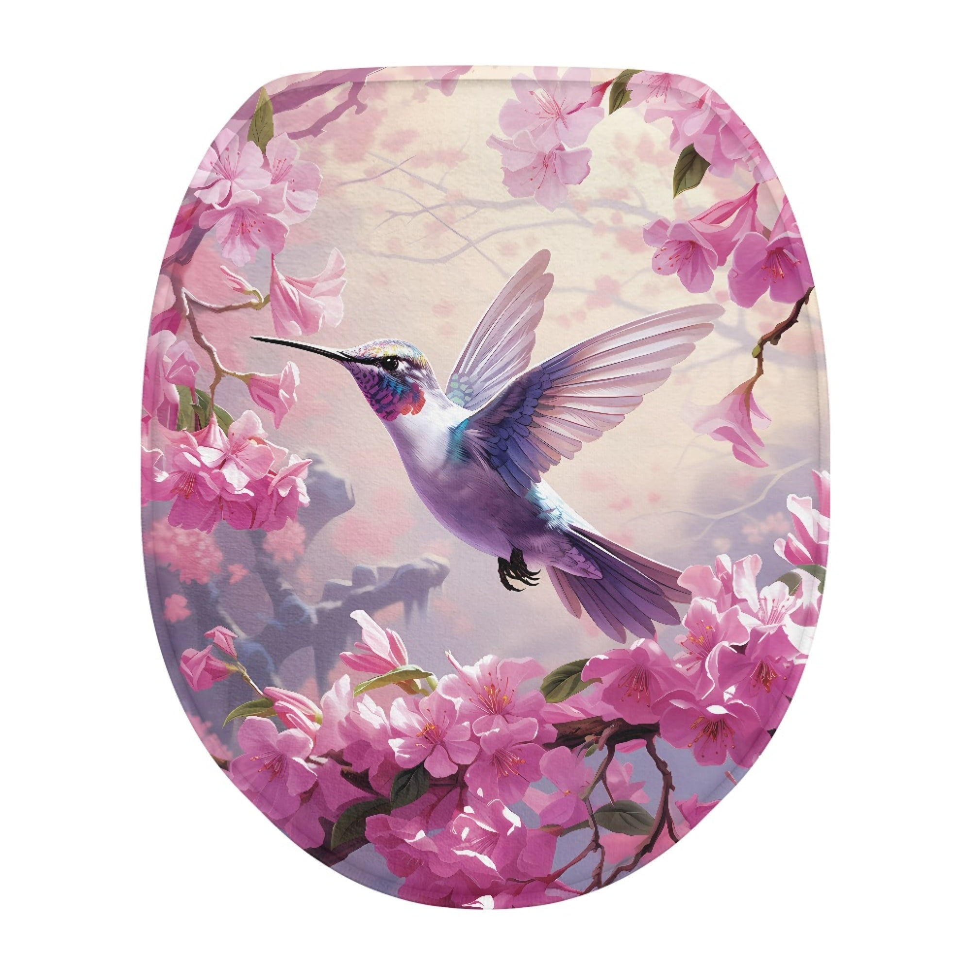ZIATUBLE Hummingbird Toilet Lid Seat Cover Cherry Blossom Soft Flannel ...