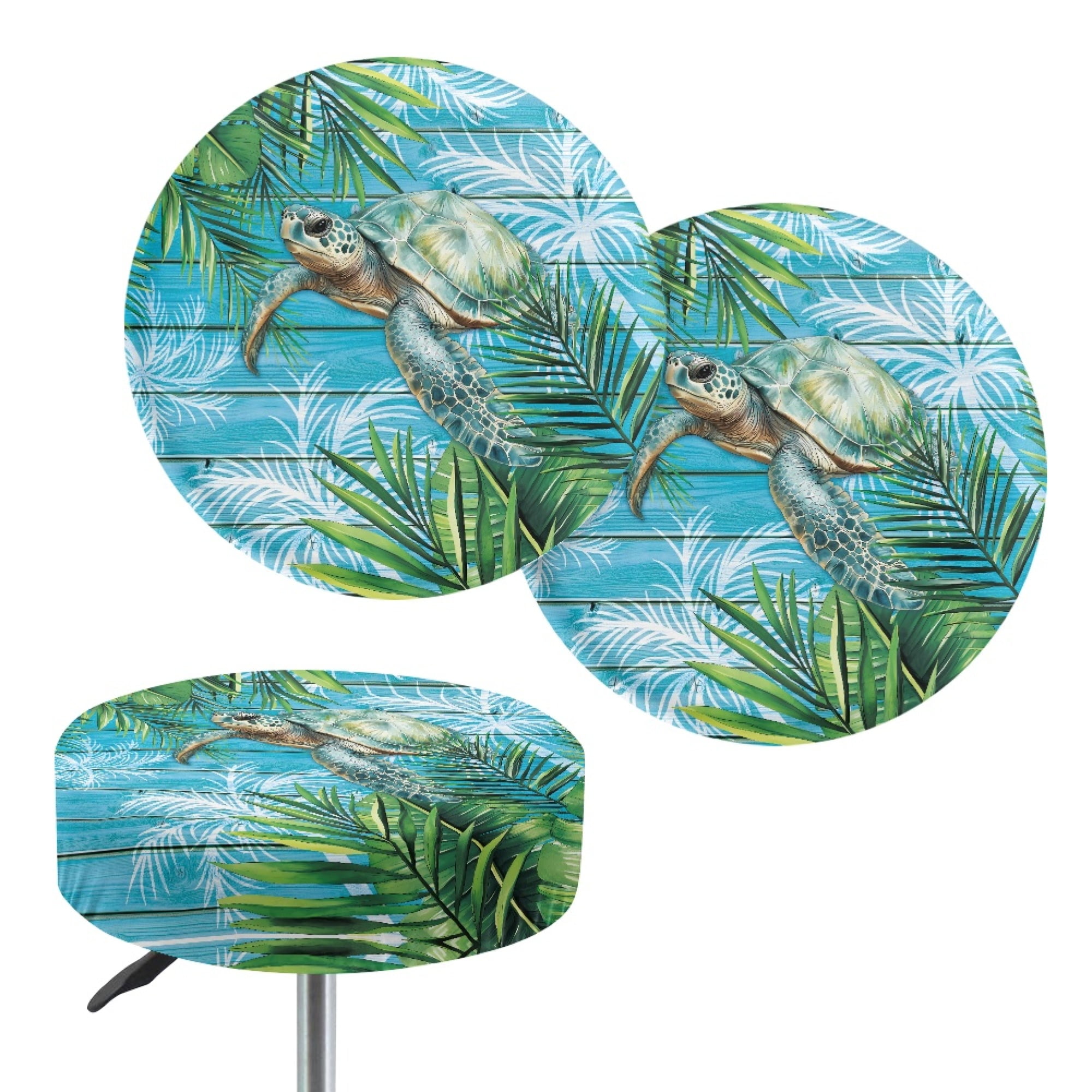 ZIATUBLE Sea Turtle Bar Stool Chair Slipcovers Palm Leaves Wooden Stool ...