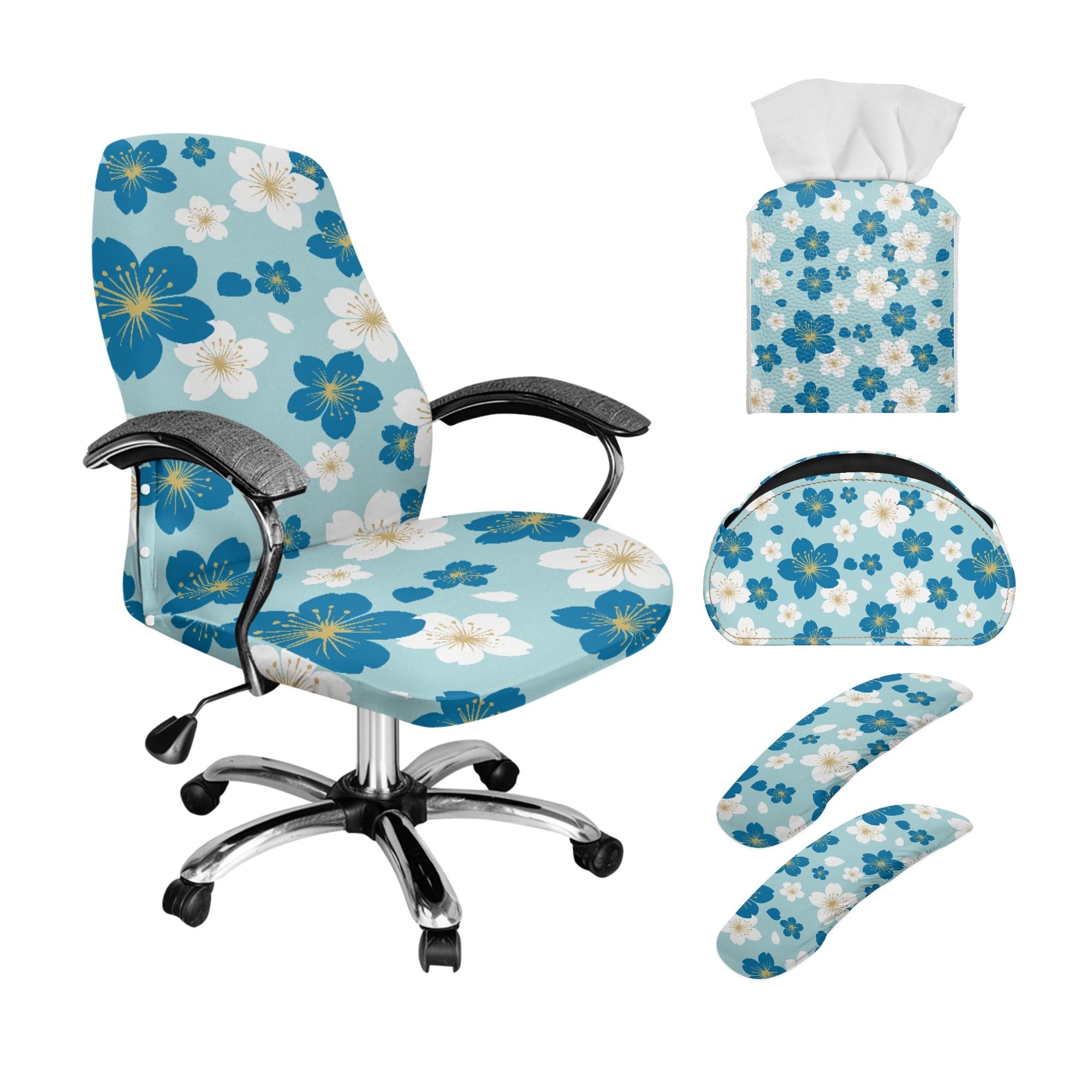 ZIATUBLES Cherry Flower Blue Print Office Chair Cover Bundle, 5-Piece ...