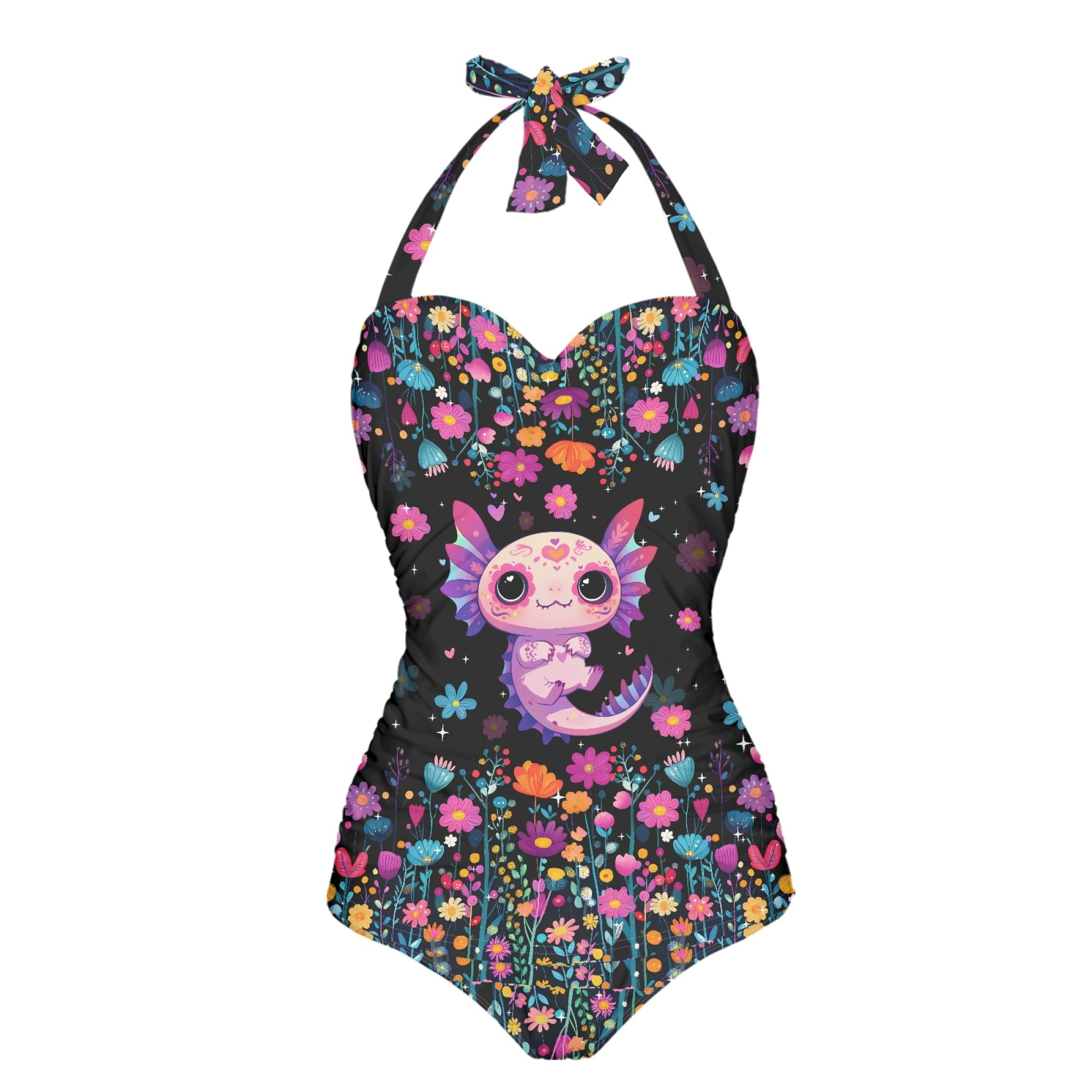 FKELYI Hippie Floral Mexico Axolotl Print Halter Swimwear Women's One ...