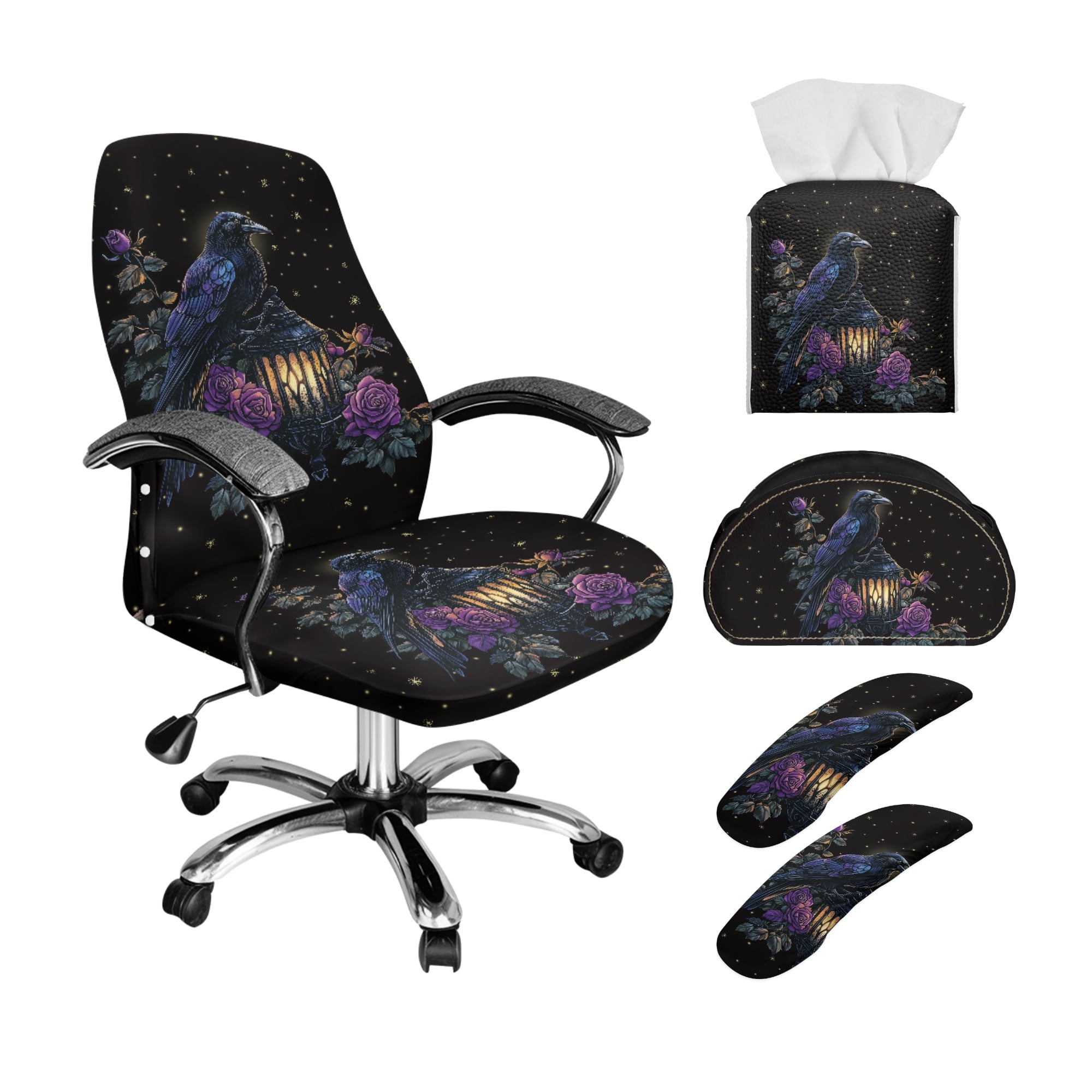 ZIATUBLES Raven Rose Lantern Print 5-Piece Office Decor Set, Chair ...