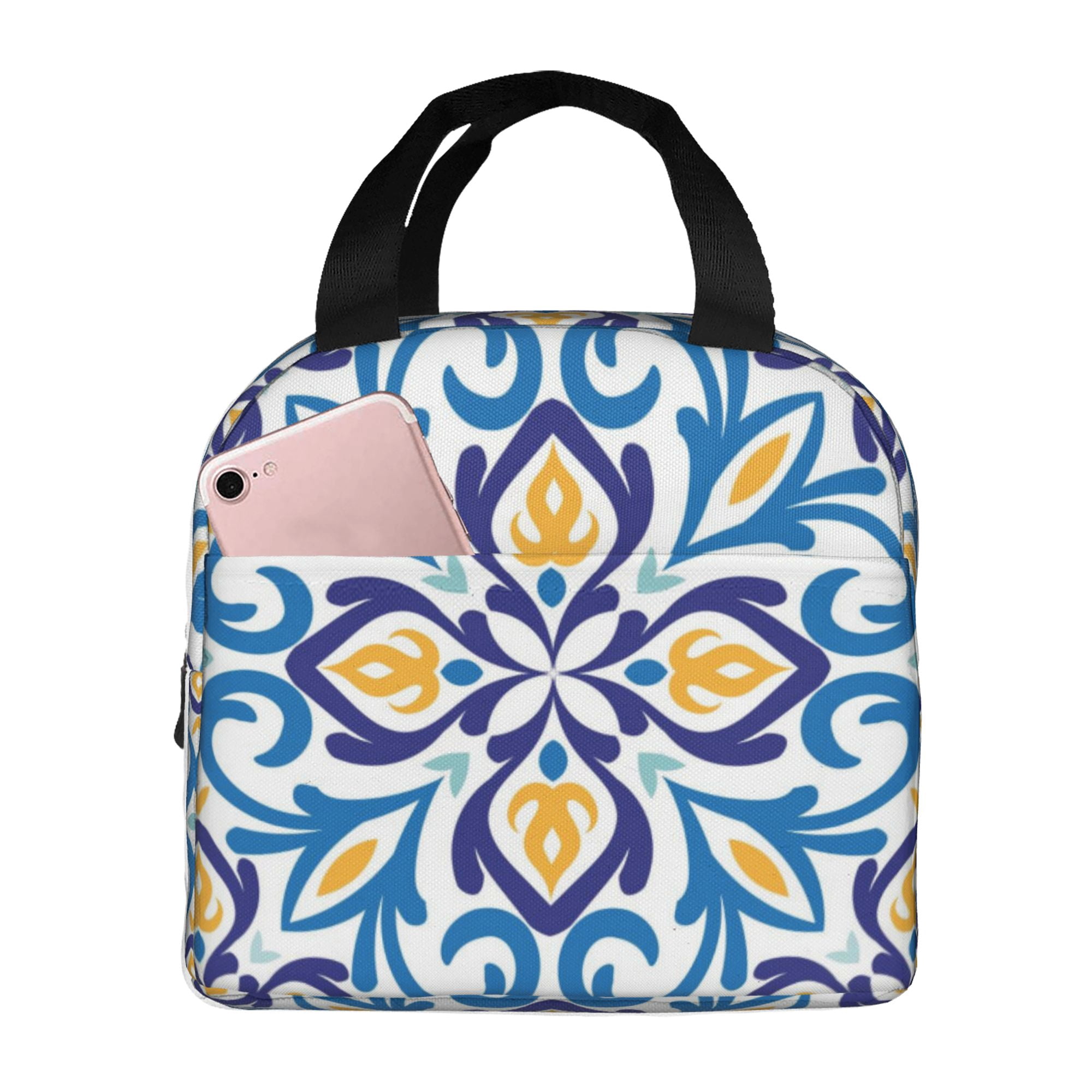 ZICANCN Insulated Lunch Bag for Women Men, Blue Floral Motif Tribal ...