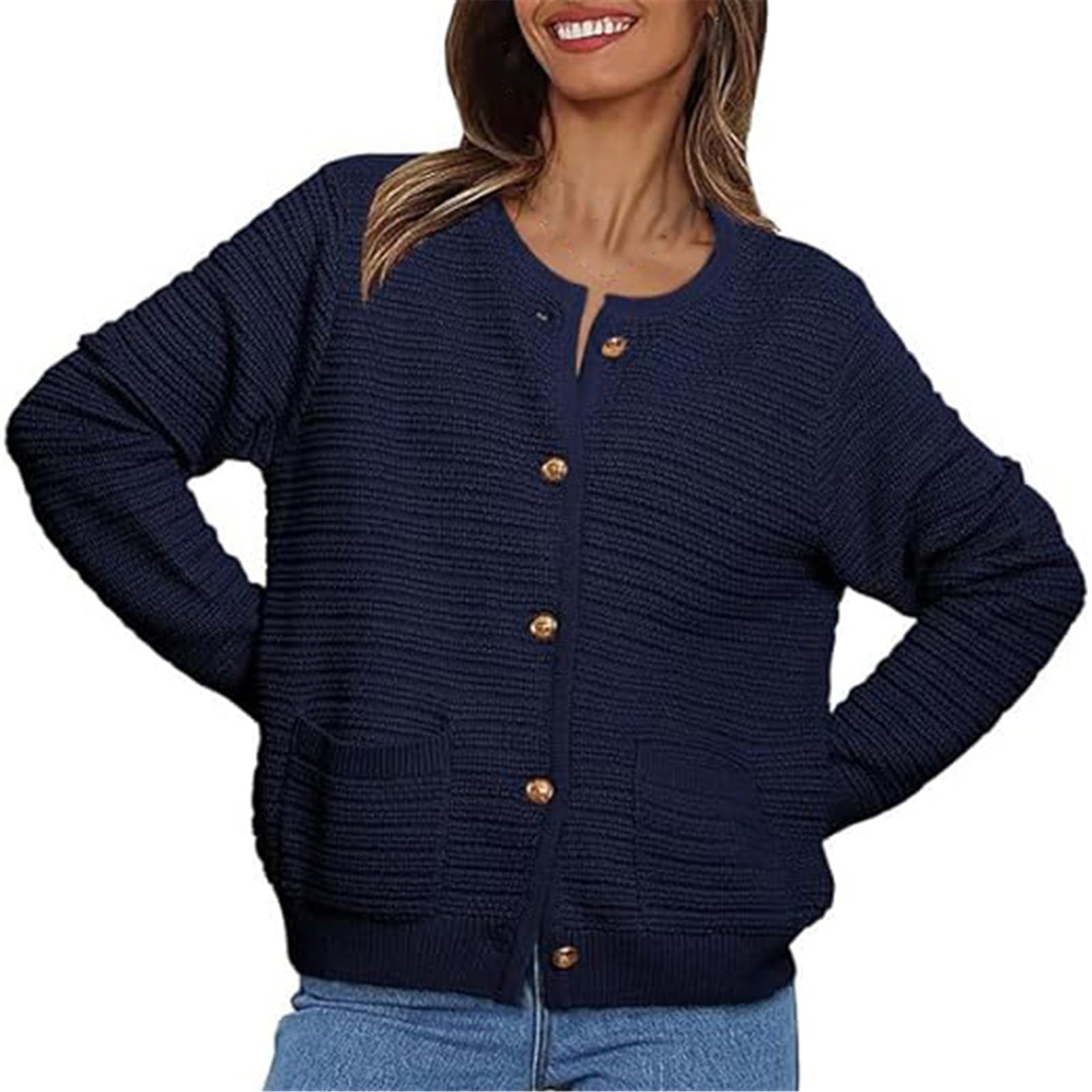 ZICTH Cardigans for Women Crew Neck Button Up Cardigan Short Sweater ...