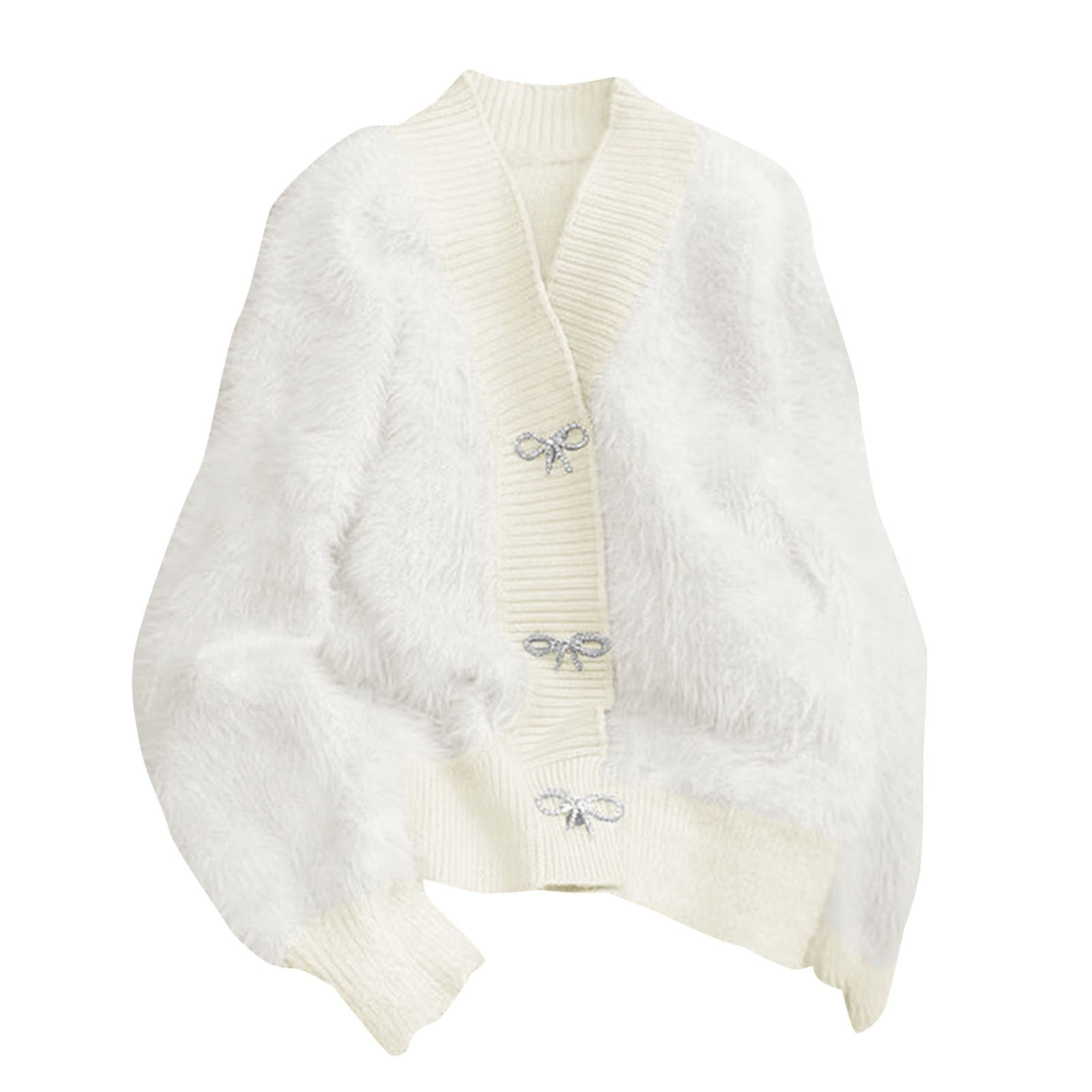 ZICTH Cardigans for Women Rhinestone Bow Fluffy Long Sleeve V Neck Crop ...