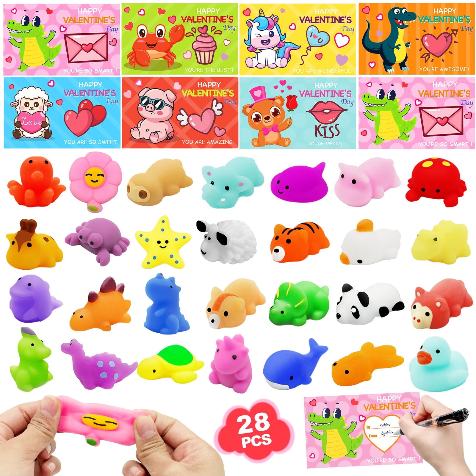 ZICZLI 28 Packs Valentine Mochi Squishy Toys with Cards Animal ...