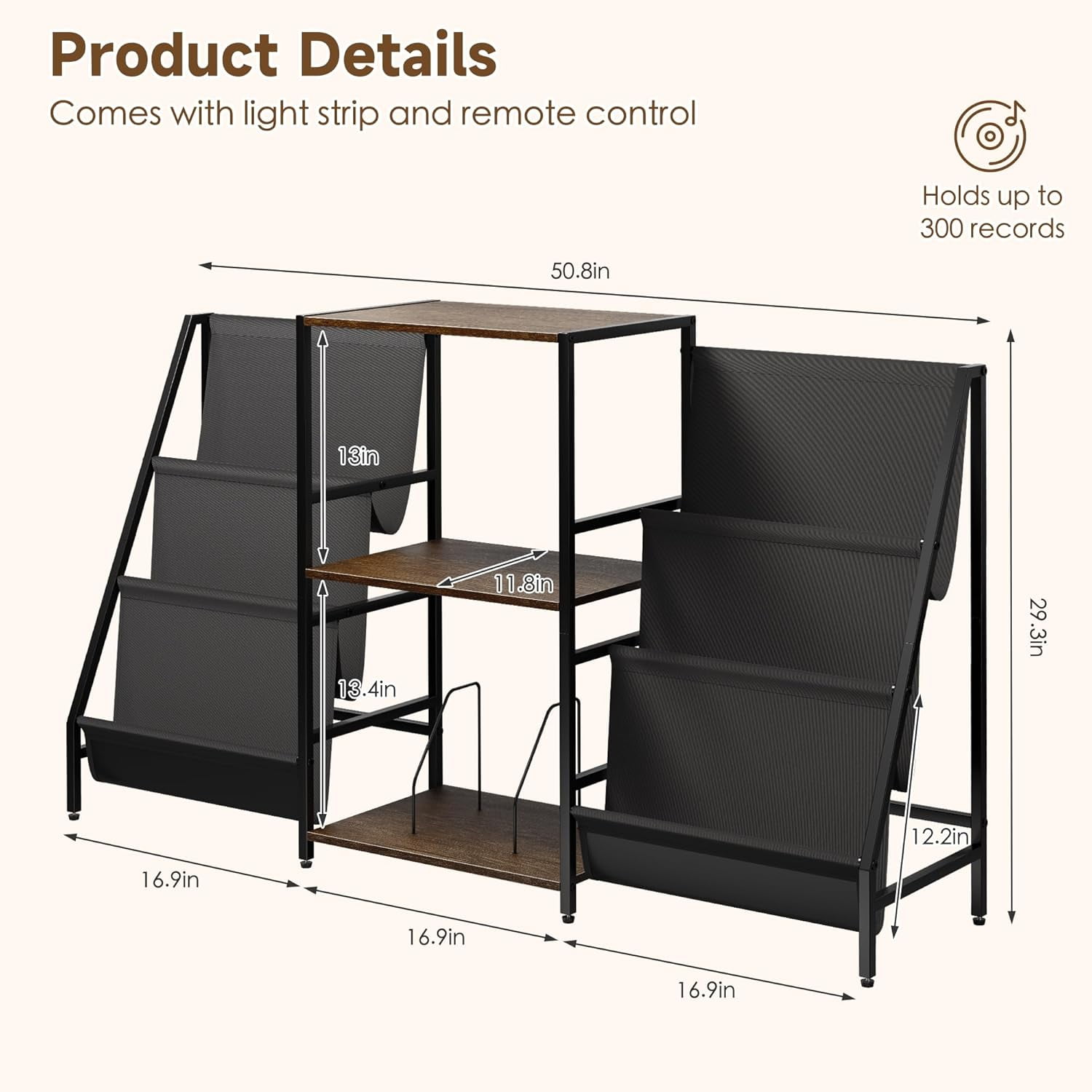 ZIFTY Record Player Stand Vinyl Storage with 6-Tier Display Holder LED ...