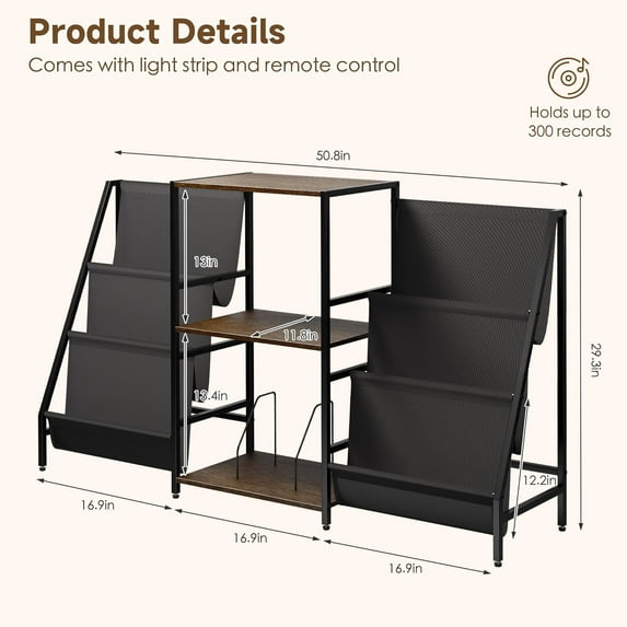 ZIFTY Record Player Stand Vinyl Storage with 6-Tier Display Holder LED ...