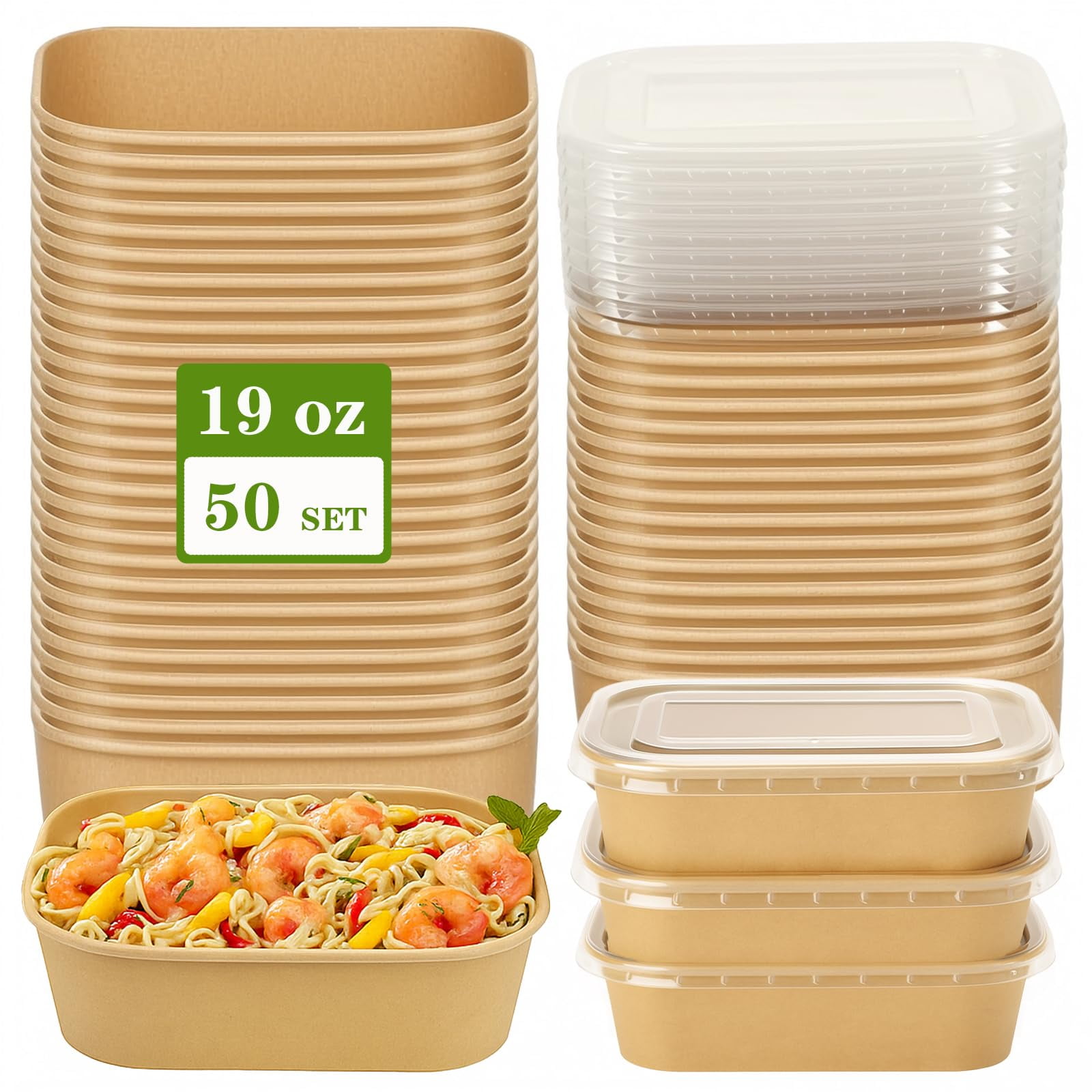 ZILAMGOO 50-Pack Paper Meal Prep Containers with Lids - 19oz Kraft ...