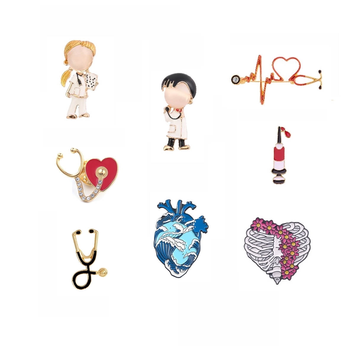 ZILEFSILK 8 Pcs Doctor Nurse Heart Stethoscope ECG Enamel Pins Set for ...