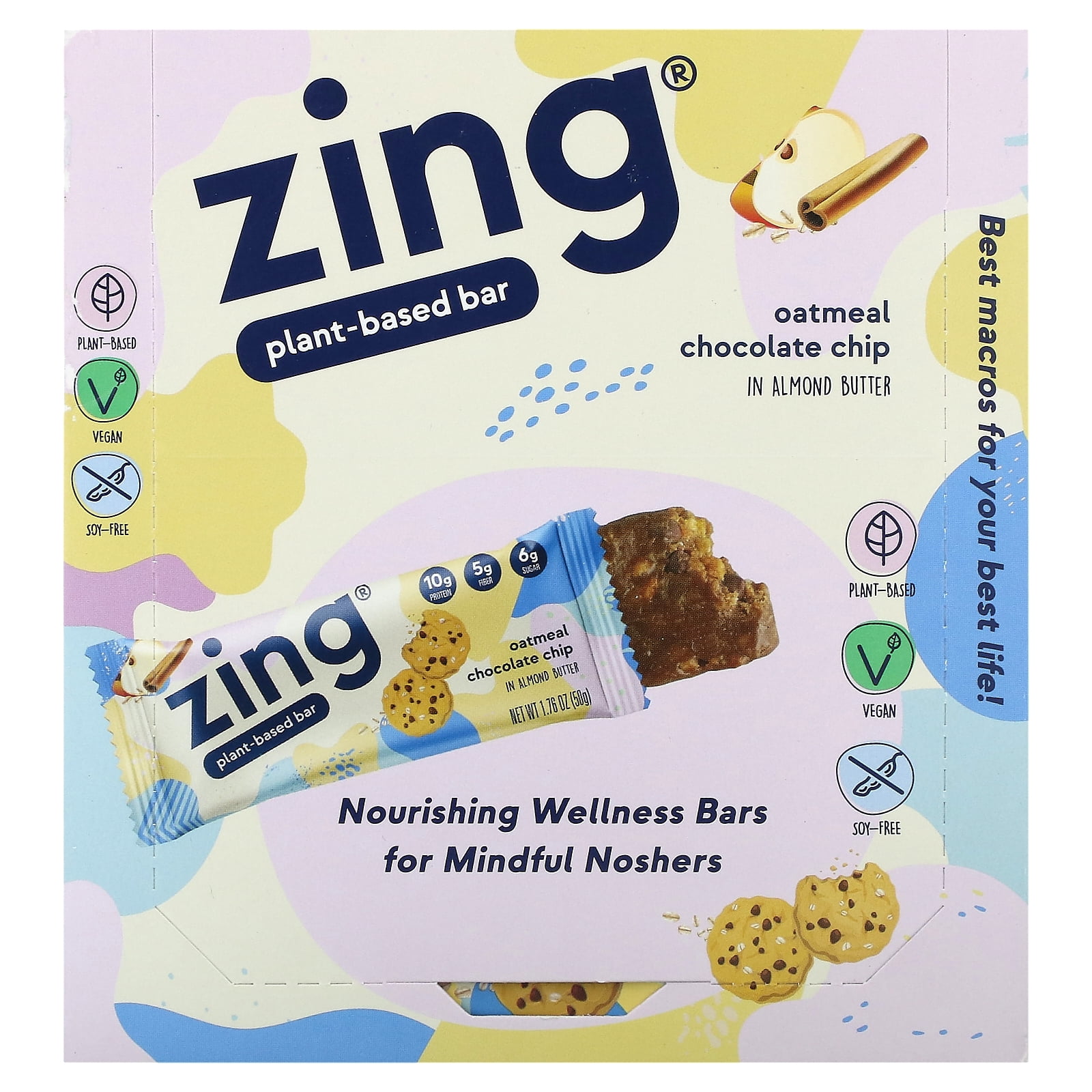 Zing Bars Plant-Based Bar, Oatmeal Chocolate Chip In Almond Butter, 12 ...