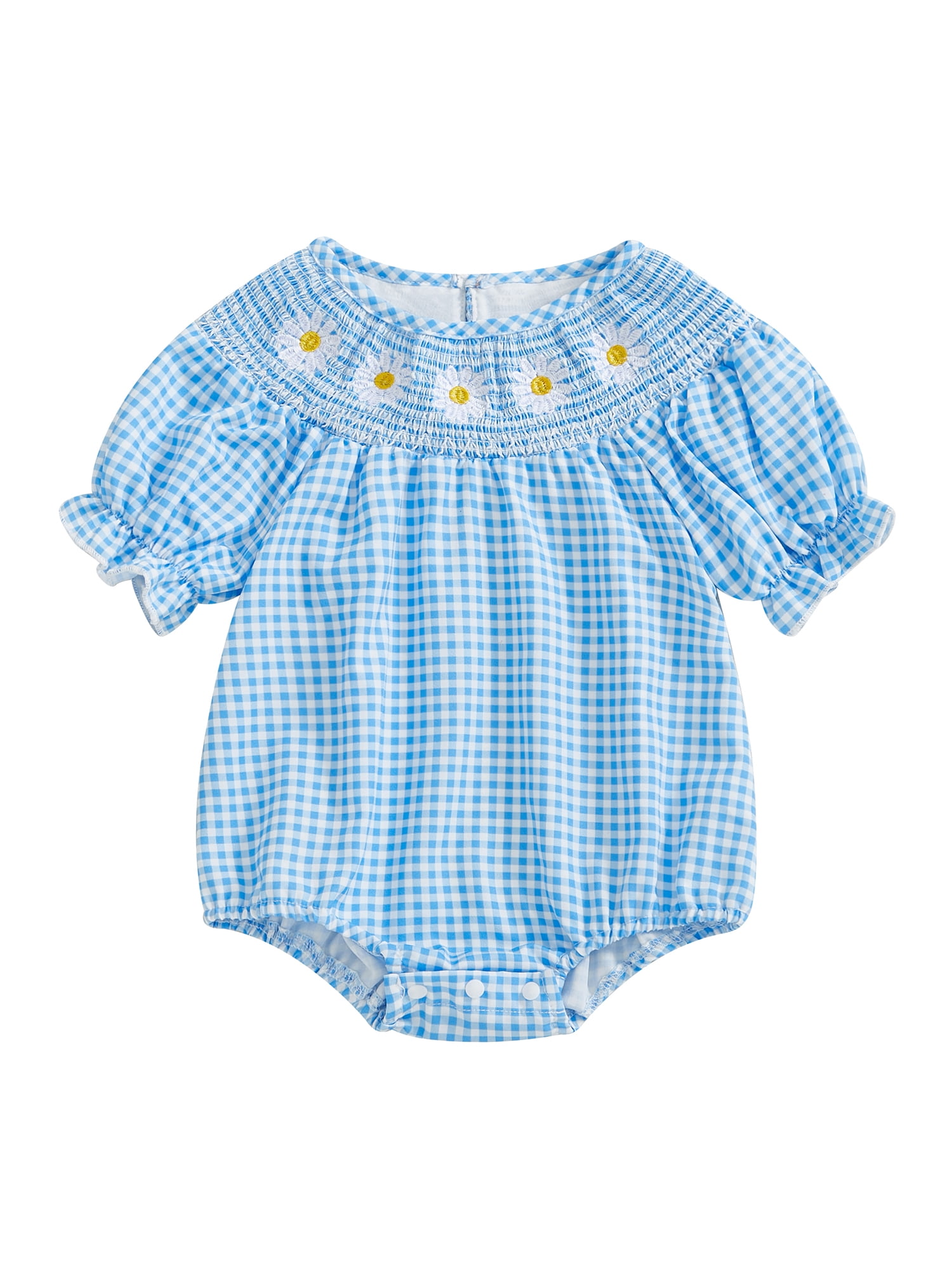 ZINTAOZT Infant Baby Girls Plaid Bubble Romper Short Sleeve Daisy Embroidery Smocked Bodysuit 0 ...