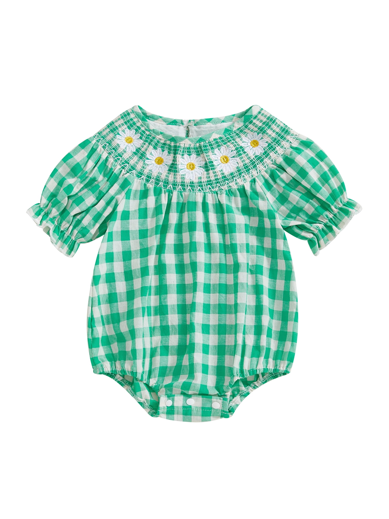 ZINTAOZT Infant Baby Girls Plaid Bubble Romper Short Sleeve Daisy Embroidery Smocked Bodysuit 0 ...