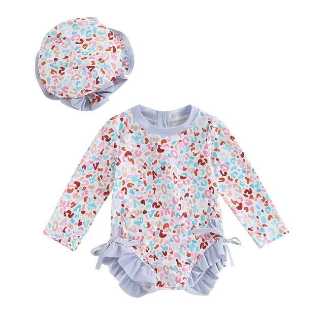 ZINTAOZT Infant Baby Girls Swimsuit Floral Long Sleeve Ruffle Rash Guard Bathing Suit with Hat ...