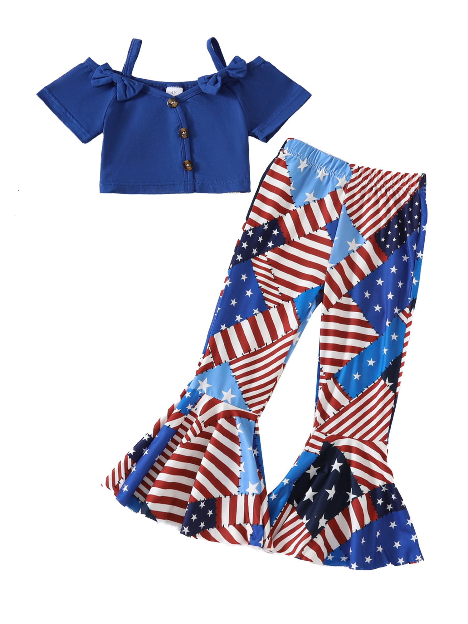 ZINTAOZT Little Girl Floral 4th of July Pants Set Cold Shoulder Crop ...