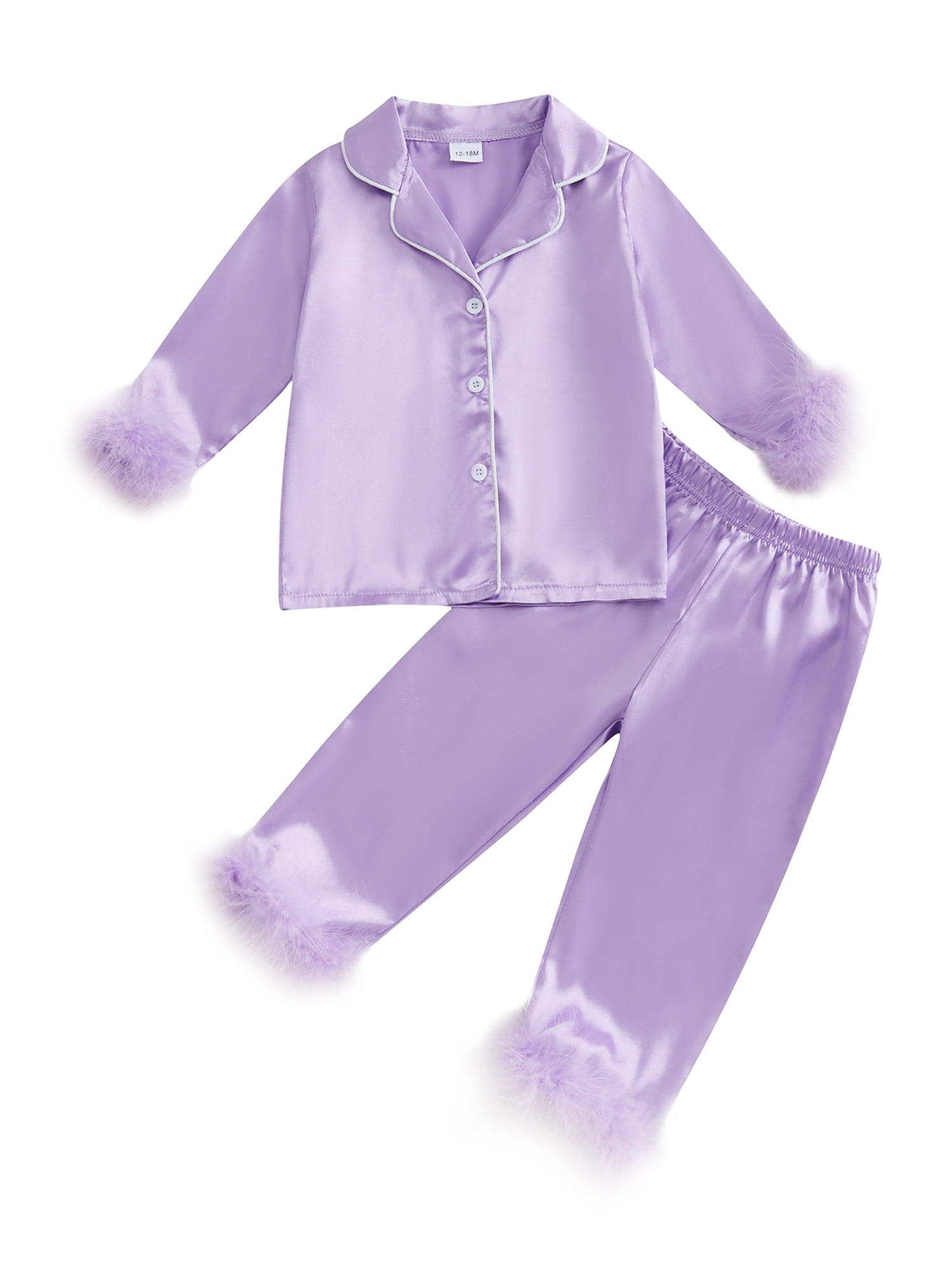 ZINTAOZT Little Girl Satin Pajama Set Fuzzy Trim Long Sleeve Button-up ...