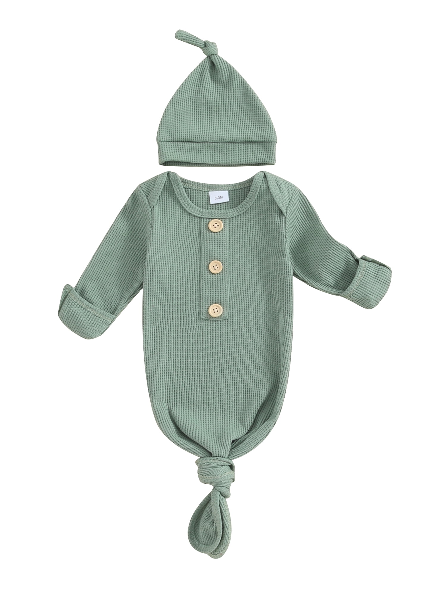 ZINTAOZT Newborn Baby Girl Boy Knotted Gown Hat Set Waffle Long Sleeve ...