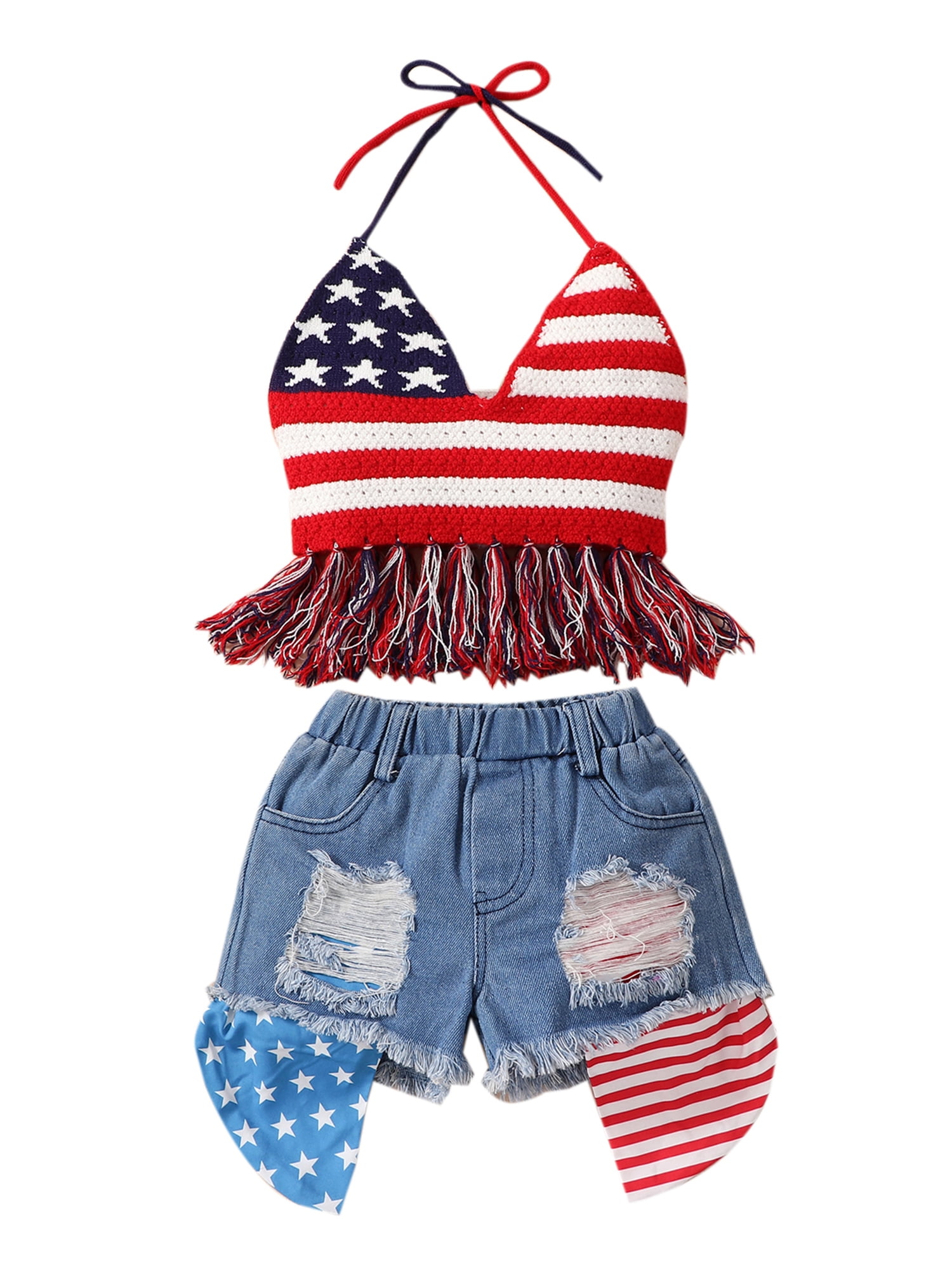 ZINTAOZT Toddler Little Girls 4th of July Outfits American Flag Tassel Halter Vest Ripped Denim ...