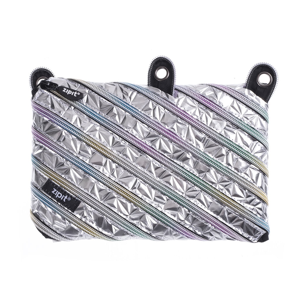 ZIPIT Metallic Pencil Case with Reinforced Grommets, Silver-Rainbow ...