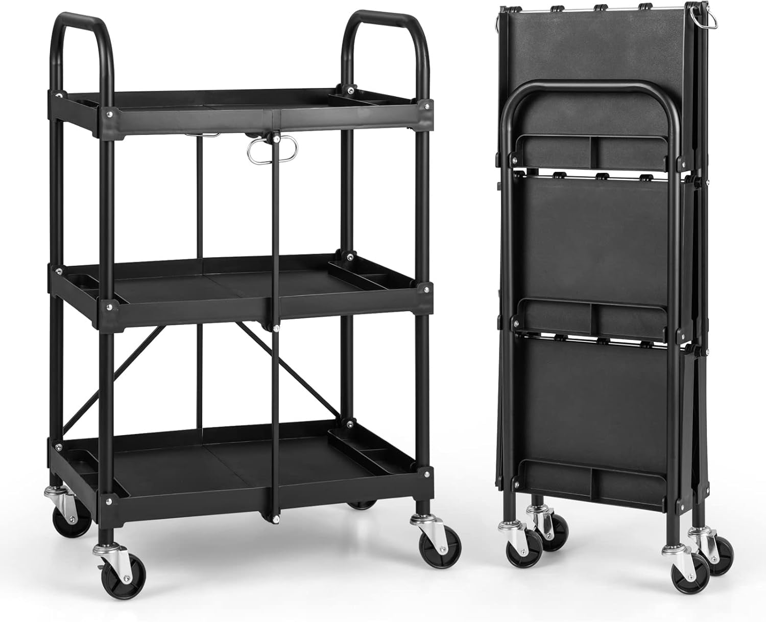 ZIPOE Folding Utility Cart on Wheels, 250lbs 3-Tier Rolling Tool Cart w ...
