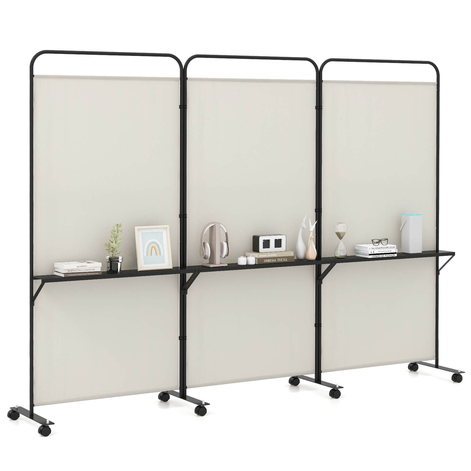 ZIRAV 3 Panel Room Divider with Wheels and Shelves, 103" W x 74" H ...