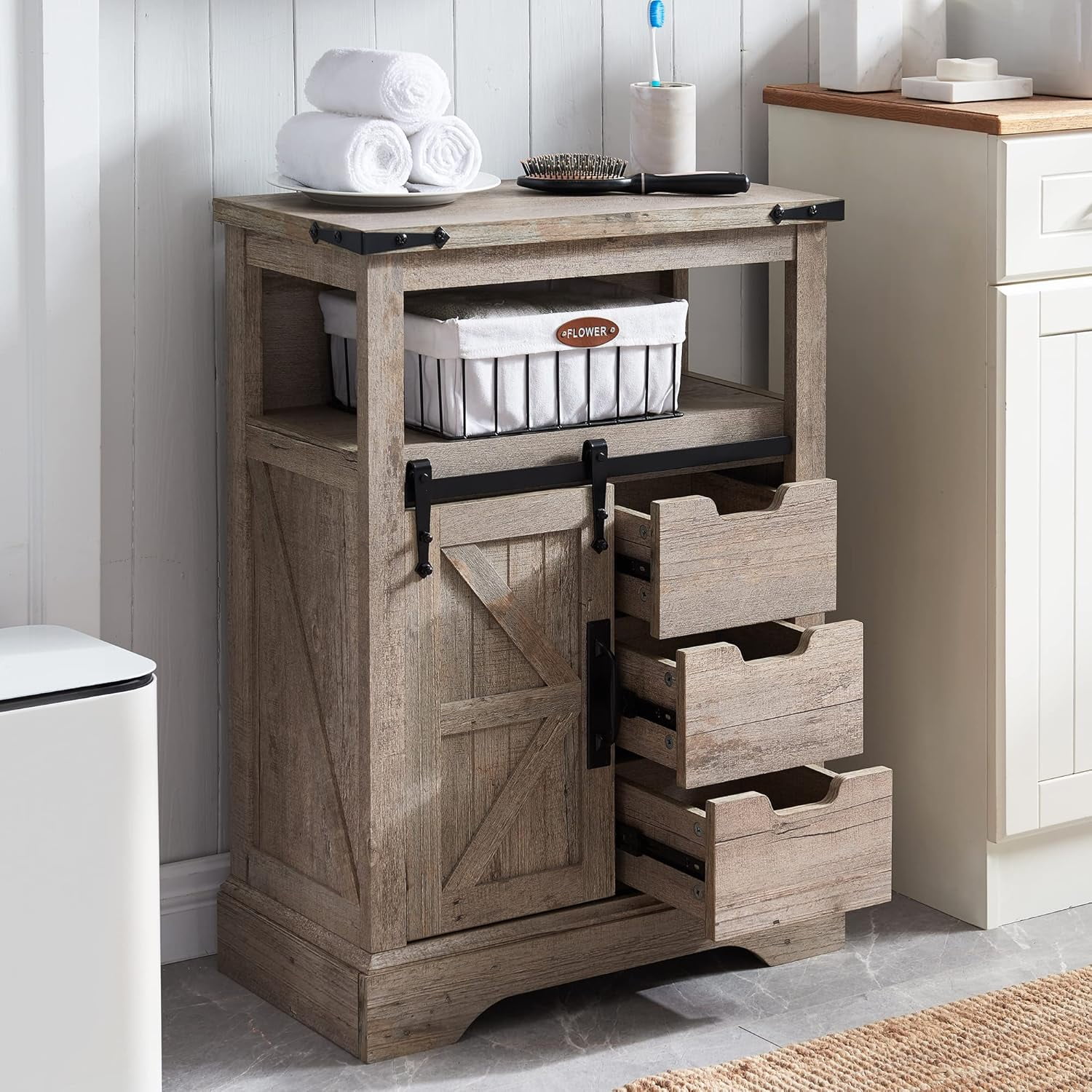 ZIRAV Bathroom Floor Cabinet, Farmhouse Storage Cabinet with Sliding ...