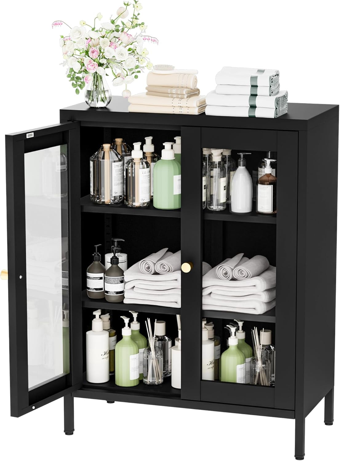 ZIRAV Black Metal Storage Cabinet with Glass Doors,Metal Locker Storage ...