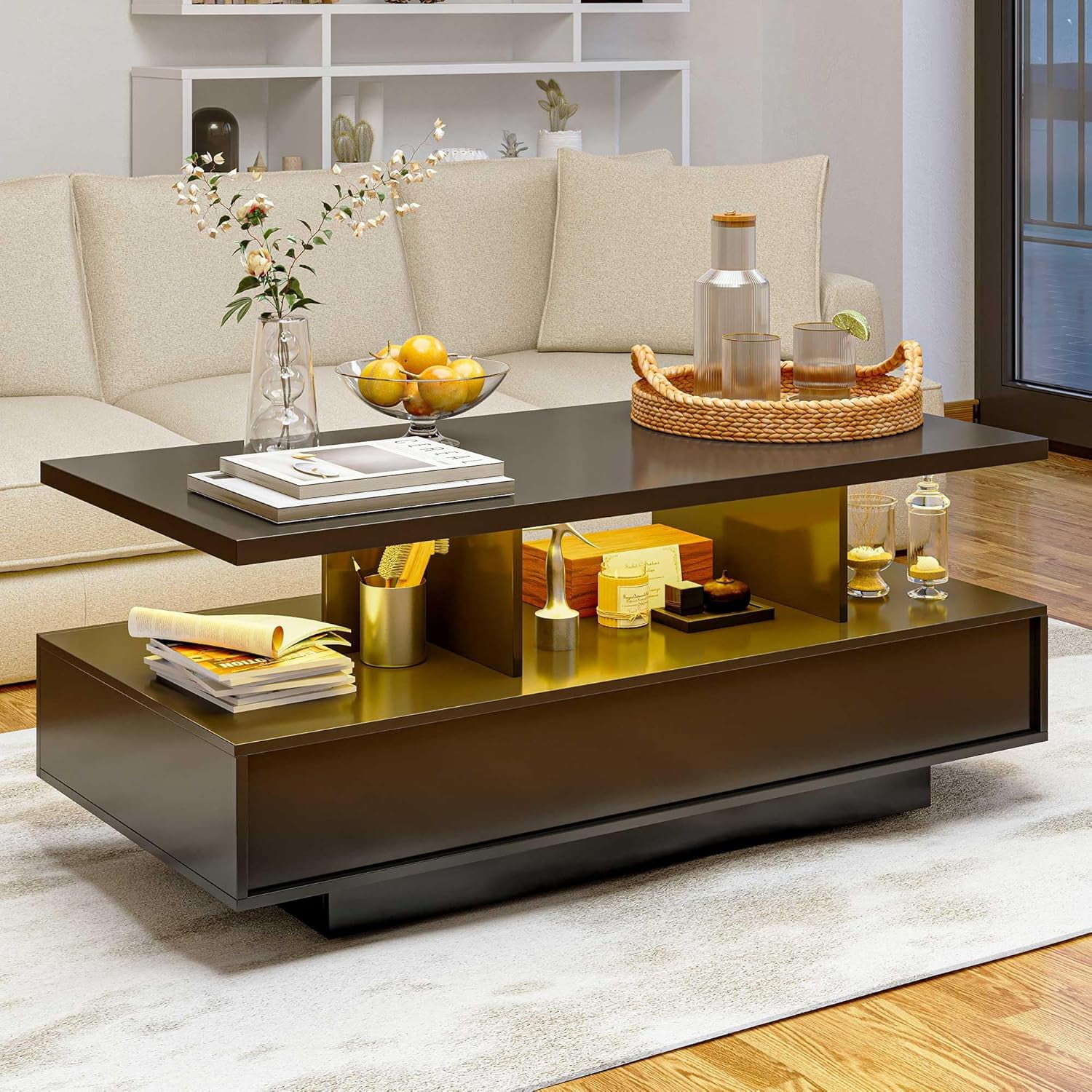 ZIRAV Coffee Table with Storage, 2-Tier LED Coffee Tables for Living ...
