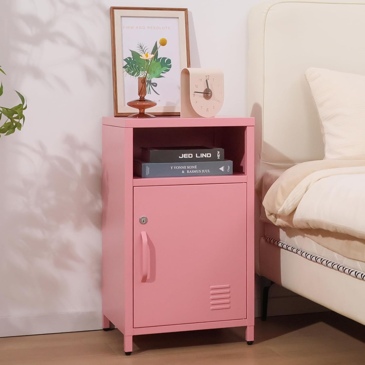 ZIRAV Compact Metal Nightstand with Lockable Cabinet and Open Shelf ...