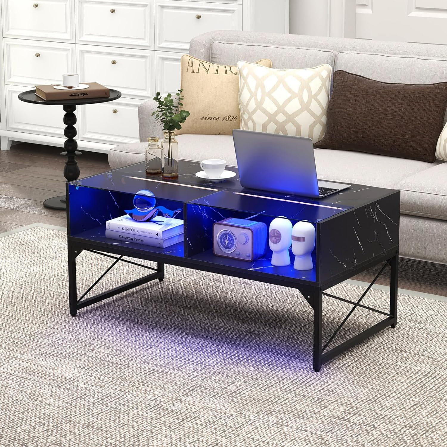 ZIRAV LED Coffee Table, High Gloss Coffee Tables with 4 Storage Cubes ...