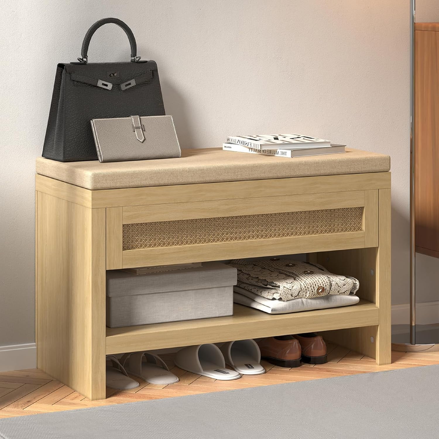 ZIRAV Rattan Shoe Storage Bench Whith Cushion, Thickened Wood Entryway ...